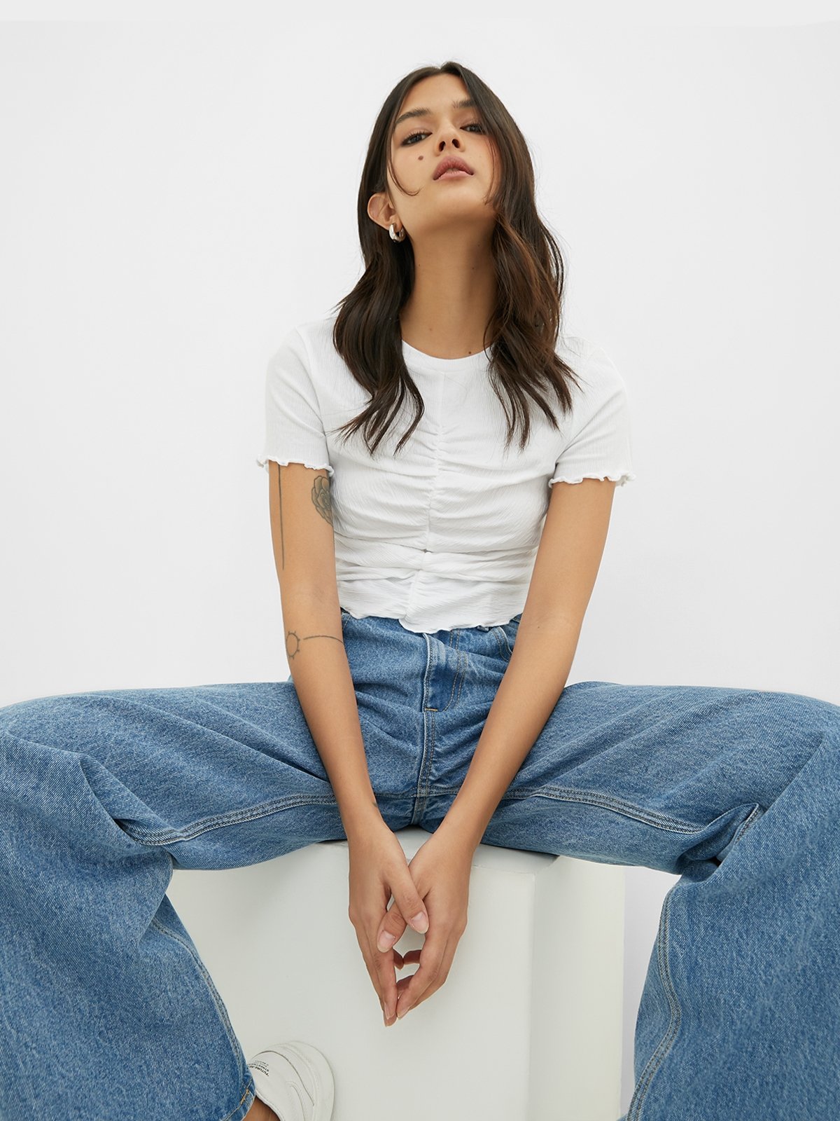 Sustainable Ruffled Crop Top - White - Pomelo Fashion