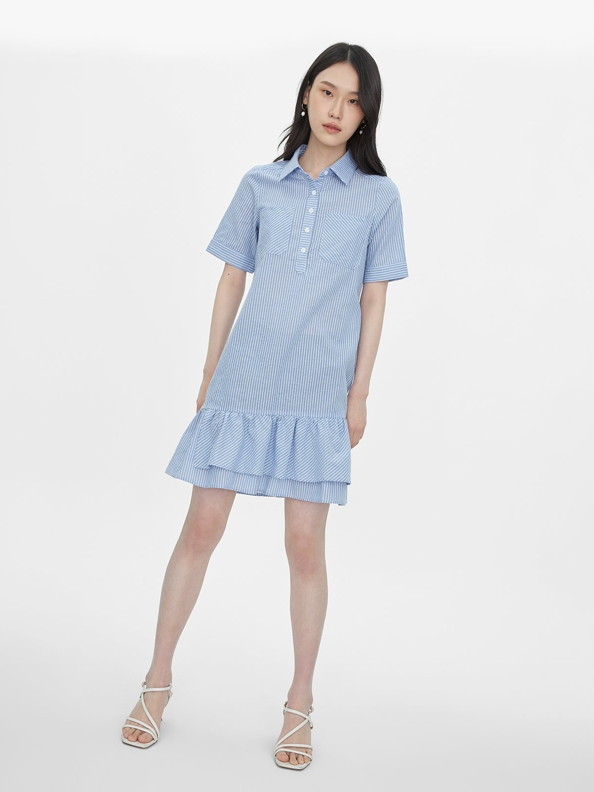 Striped Button Up Collared Flare Dress - Blue - Pomelo Fashion