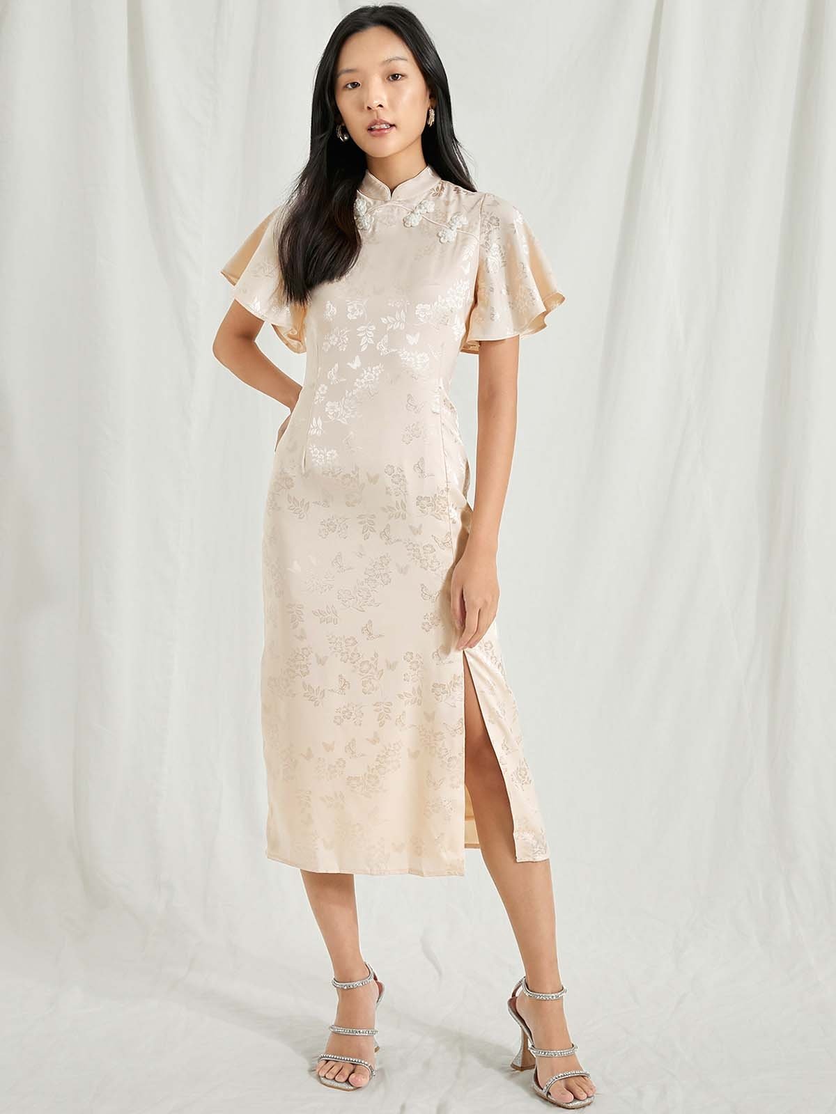 Butterfly Sleeve Mandarin Collar Midi Dress - Cream - Pomelo Fashion