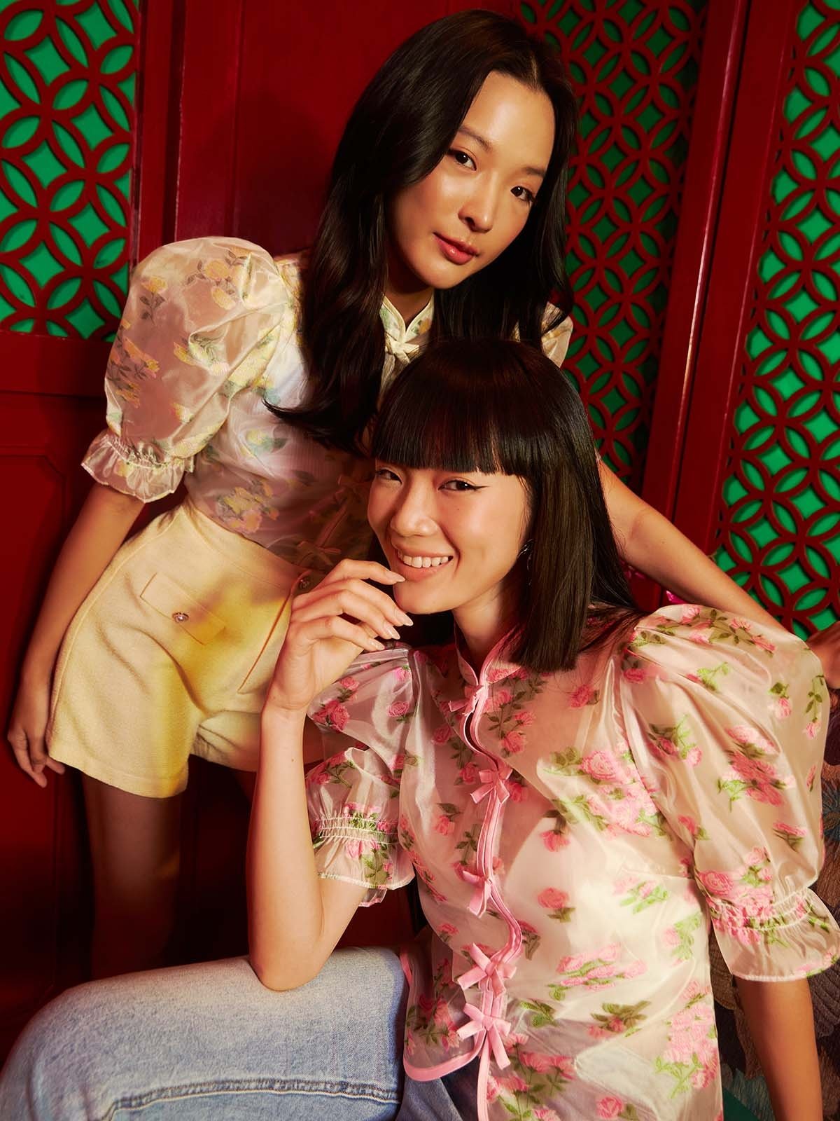 Floral Mandarin Collar Puffed Sleeve Top - Yellow - Pomelo Fashion