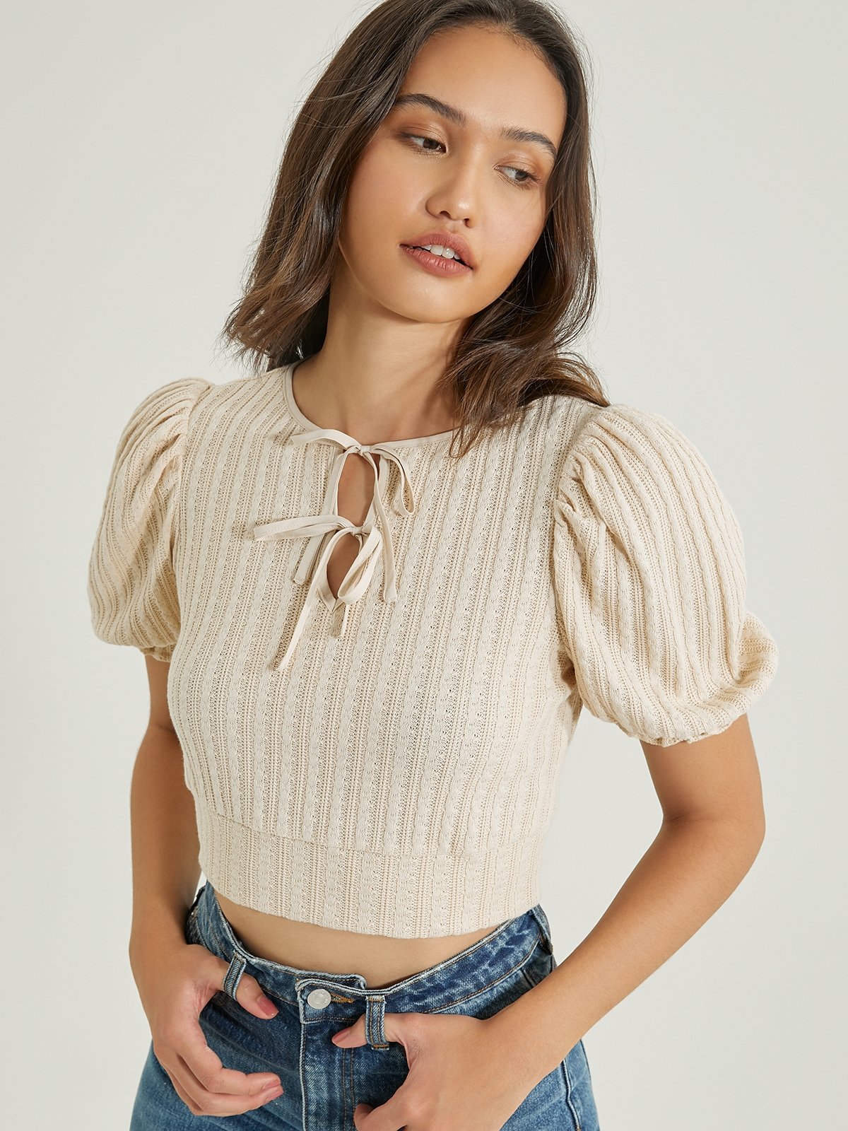 Tie-Front Puffed Sleeve Crop Top - Beige - Pomelo Fashion