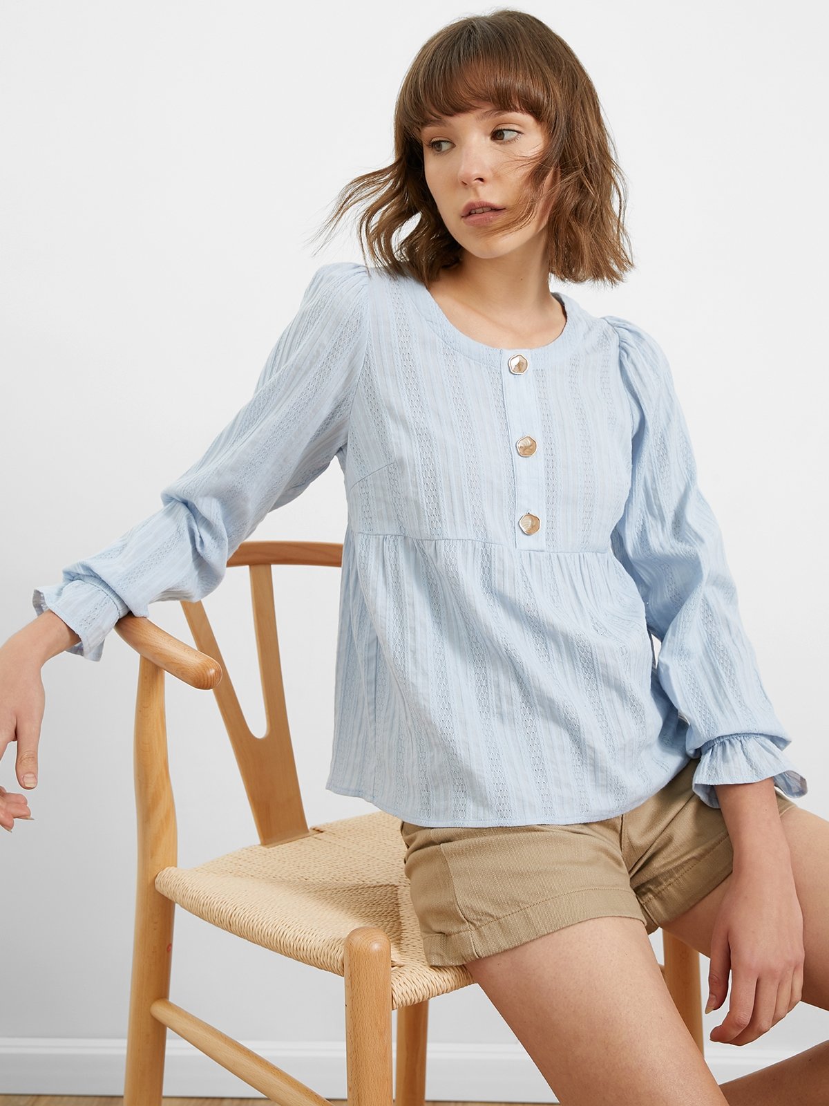 Long Puffed Sleeve - Blue - Pomelo Fashion