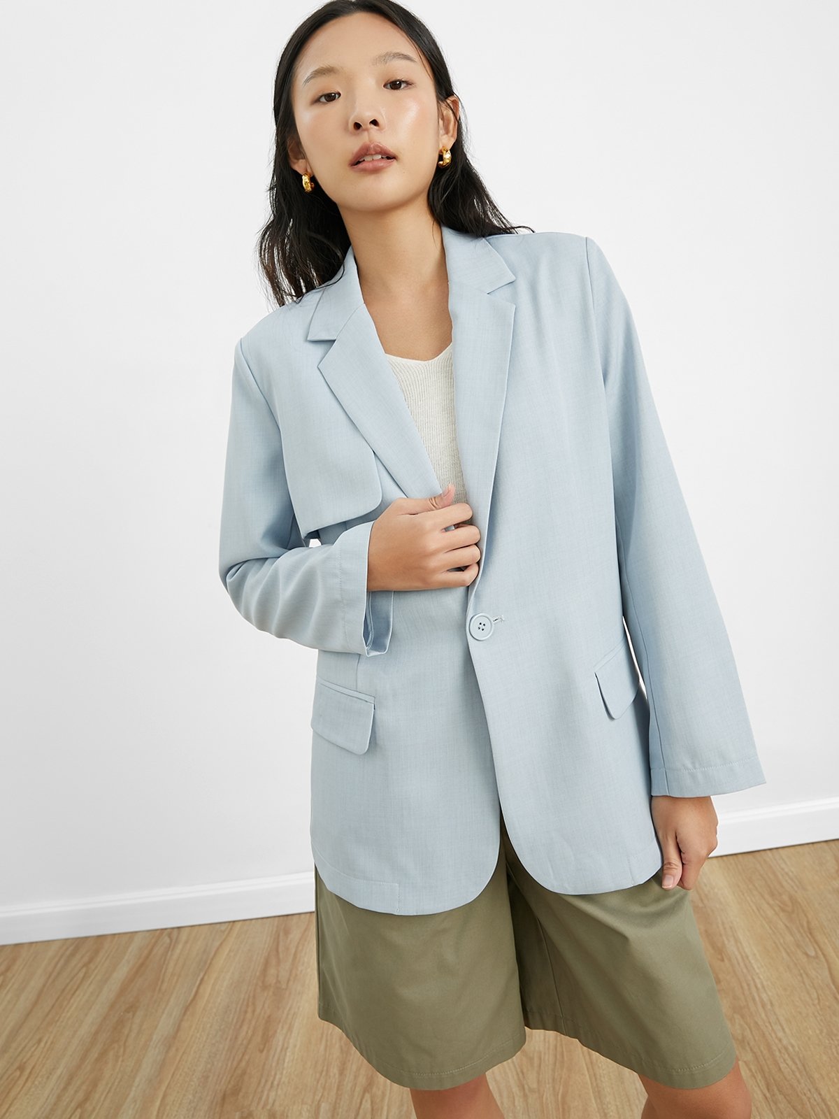 Bow Detail Blazer - Light Blue - Pomelo Fashion