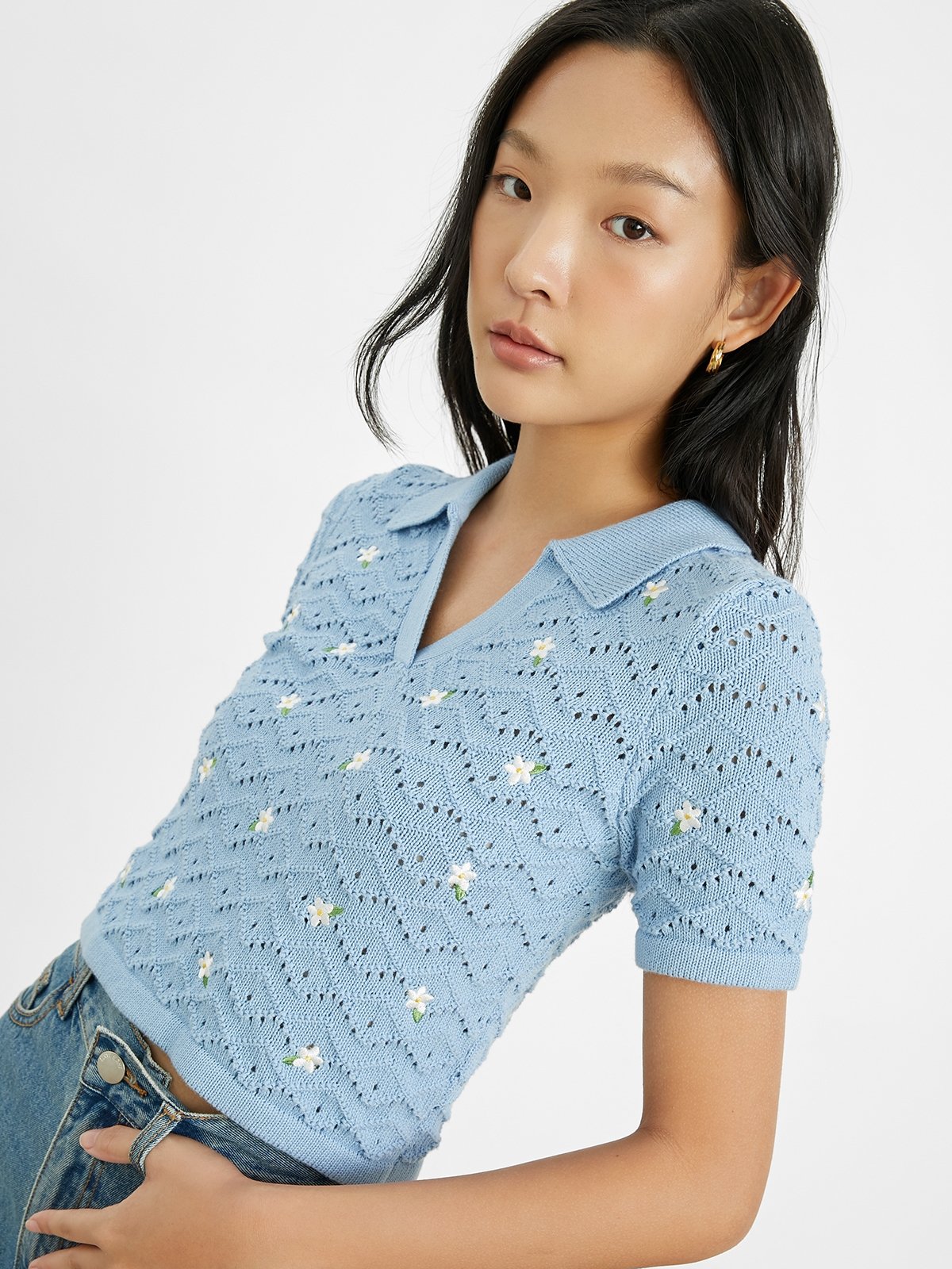 Knitted Floral Crop Polo Top - Blue - Pomelo Fashion