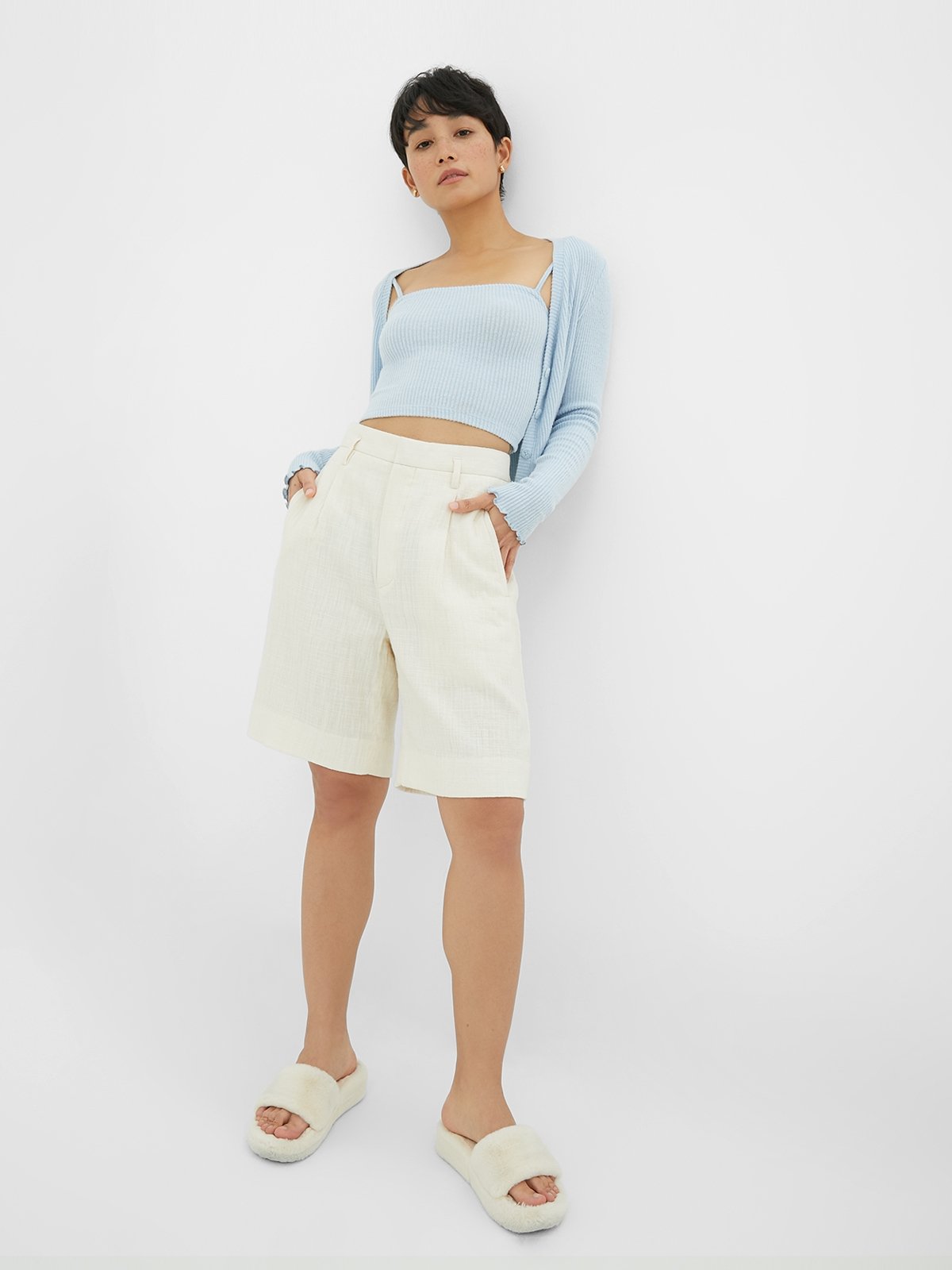 Mariella Fluffy Cardigan Set - Muted Blue - Pomelo Fashion