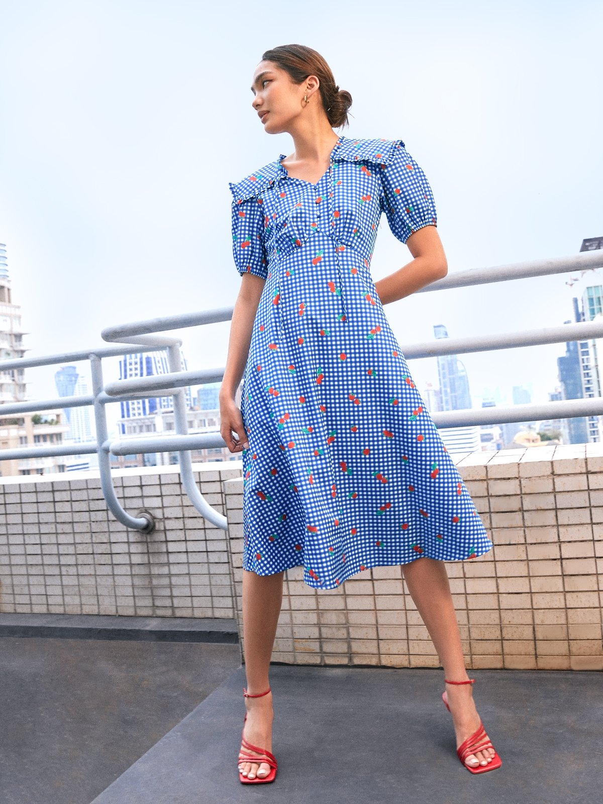 Raspberry Checkered Print Midi Dress - Blue - Pomelo Fashion