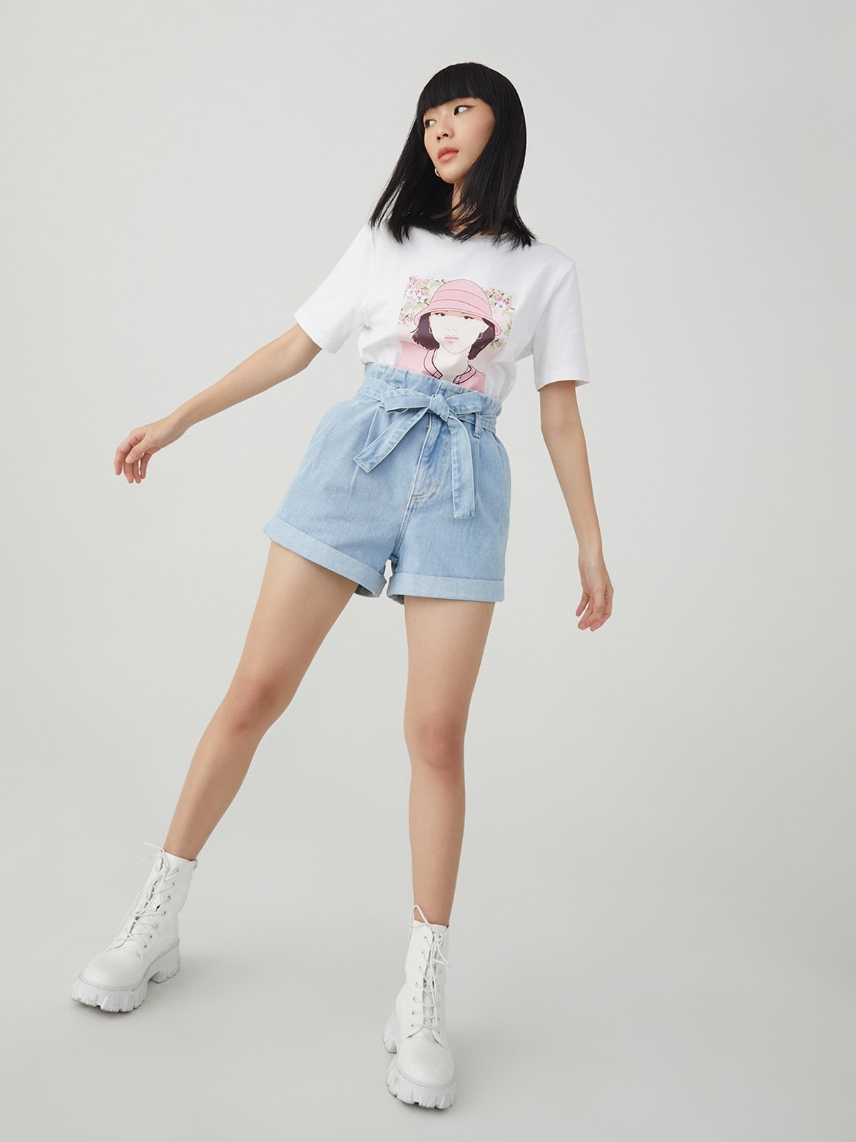 Sustainable Paperbag Waist Tie Shorts Light Blue Pomelo Fashion