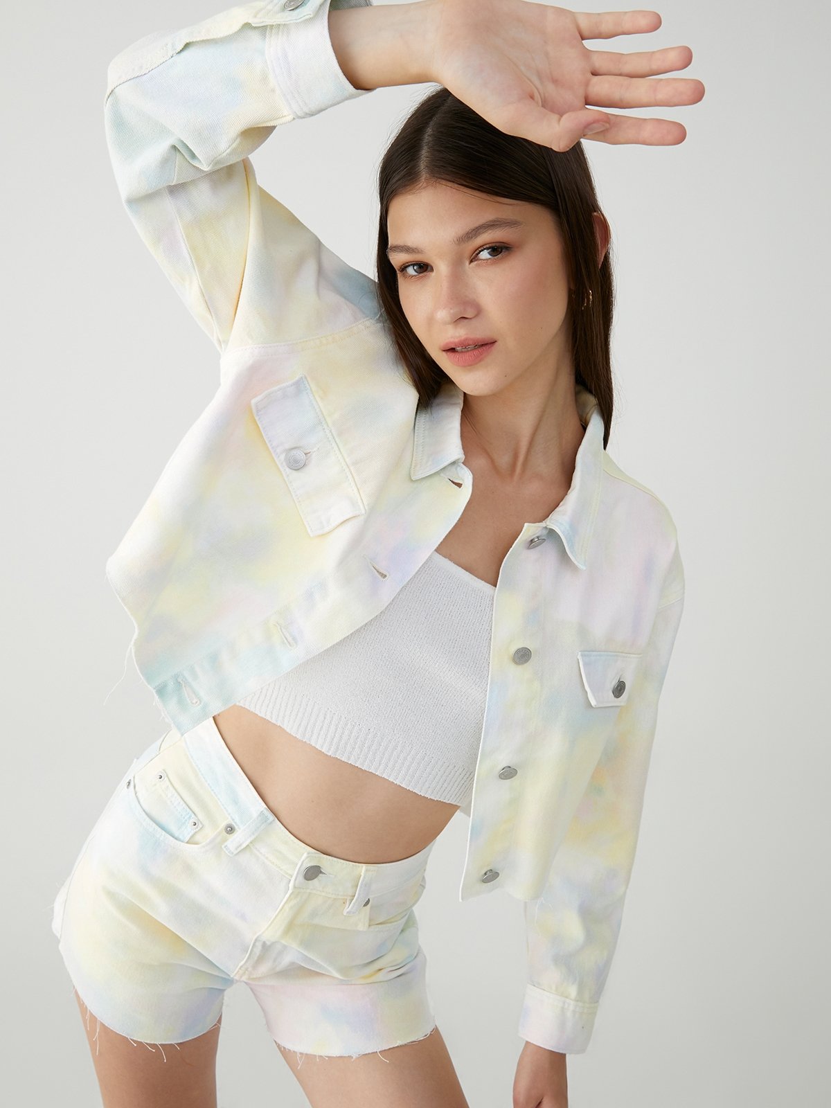 Tie-Dye Print Cropped Jacket - Multi Color - Pomelo Fashion