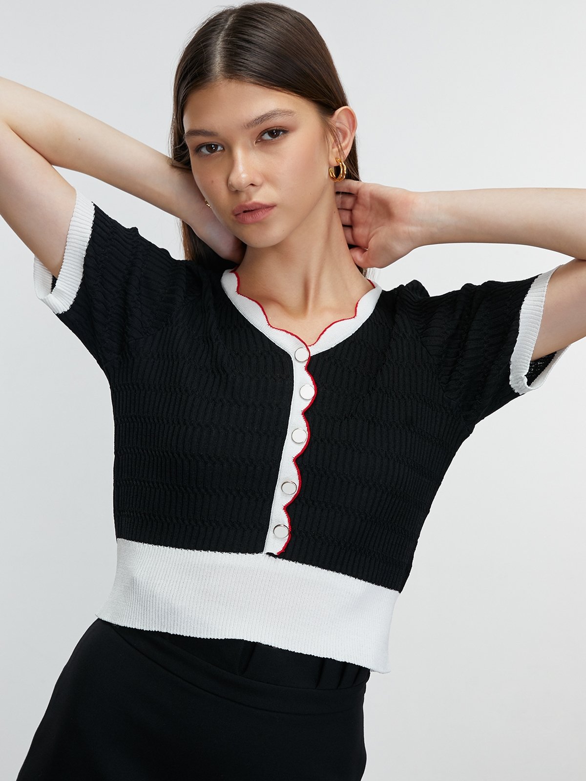Ribbed V Neckline Blouse Black Pomelo Fashion ribbed-v-neckline-blouse-black-pomelo-fashion