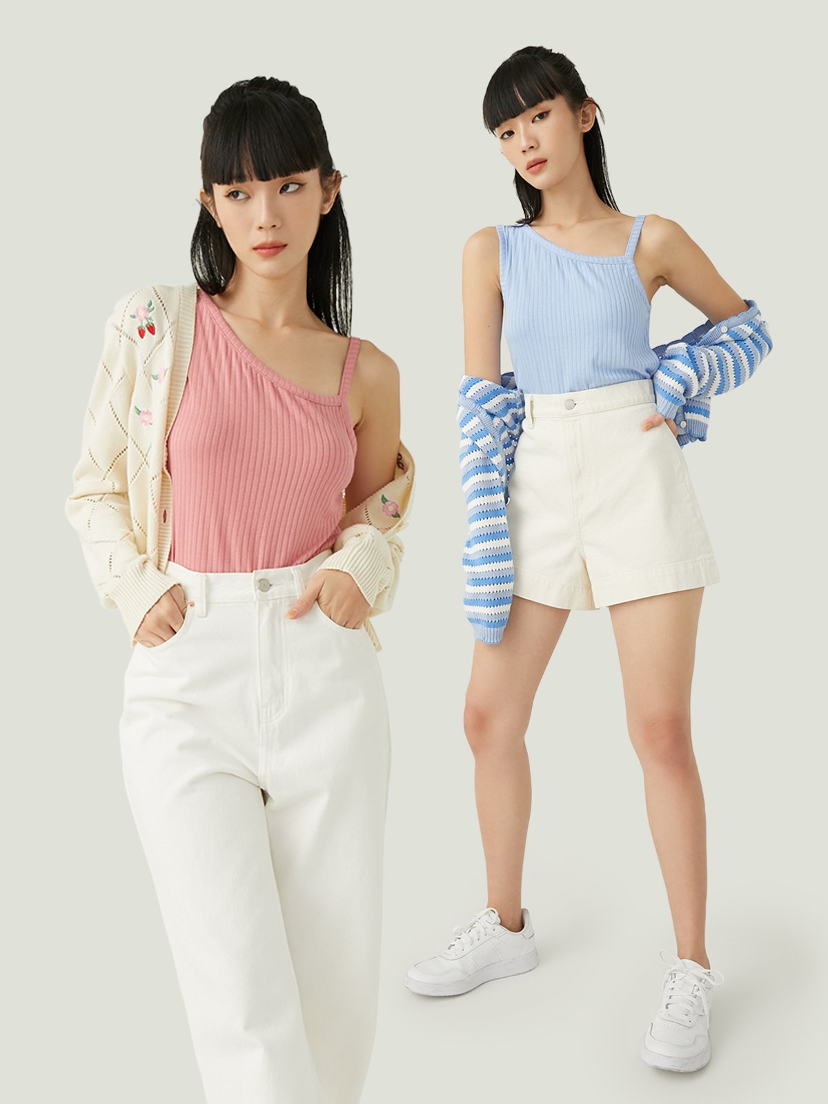 Set Asymmetric Neckline Tank Top - Multi Color - Pomelo Fashion