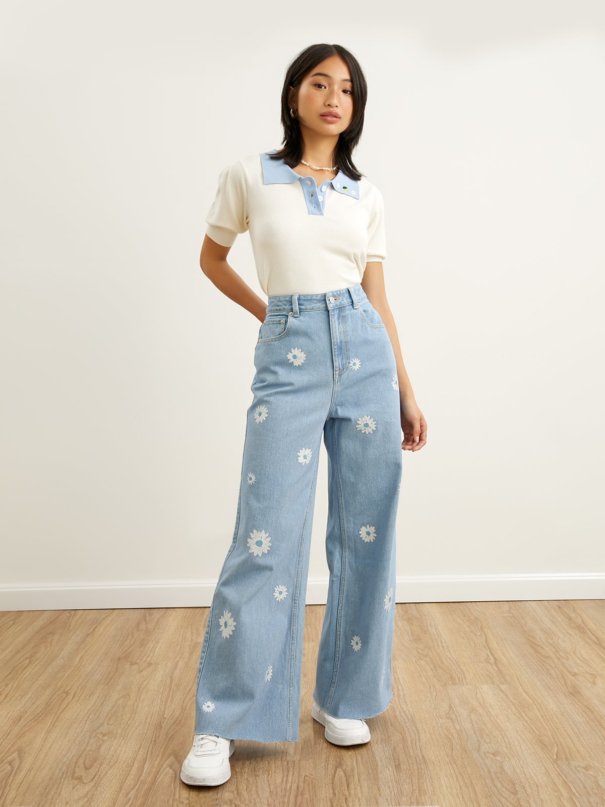 Puffed Sleeve Polo Top - Off-White - Pomelo Fashion