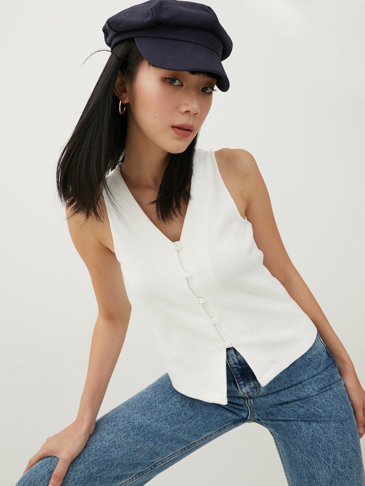 Sustainable V Neck Button Tank Top - White - Pomelo Fashion