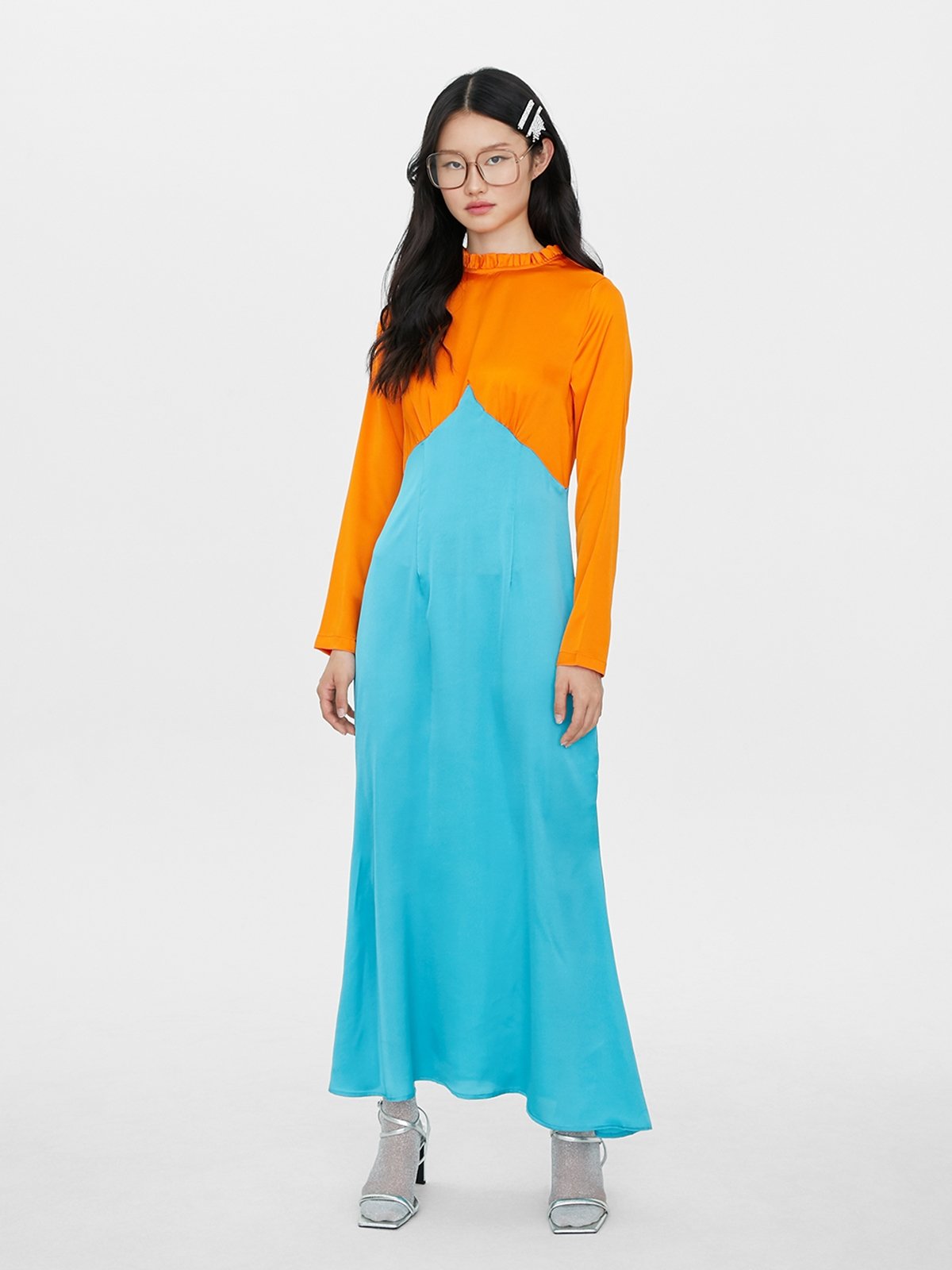 Orange And Aqua Lily Dress - Multi Color - Pomelo Fashion