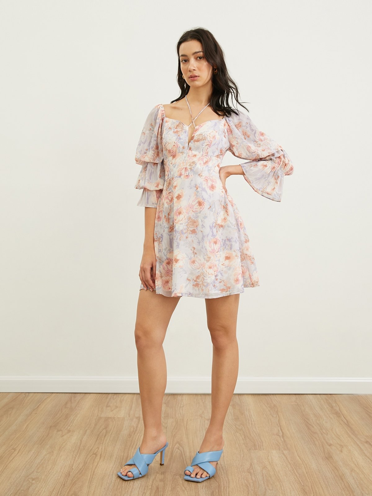 Floral Puffed Sleeve Dress - Purple - Pomelo Fashion