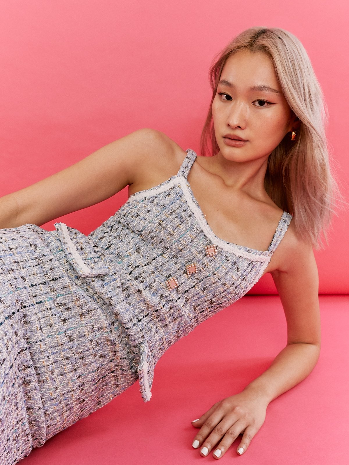 Tweed Cami Dress - Blue - Pomelo Fashion