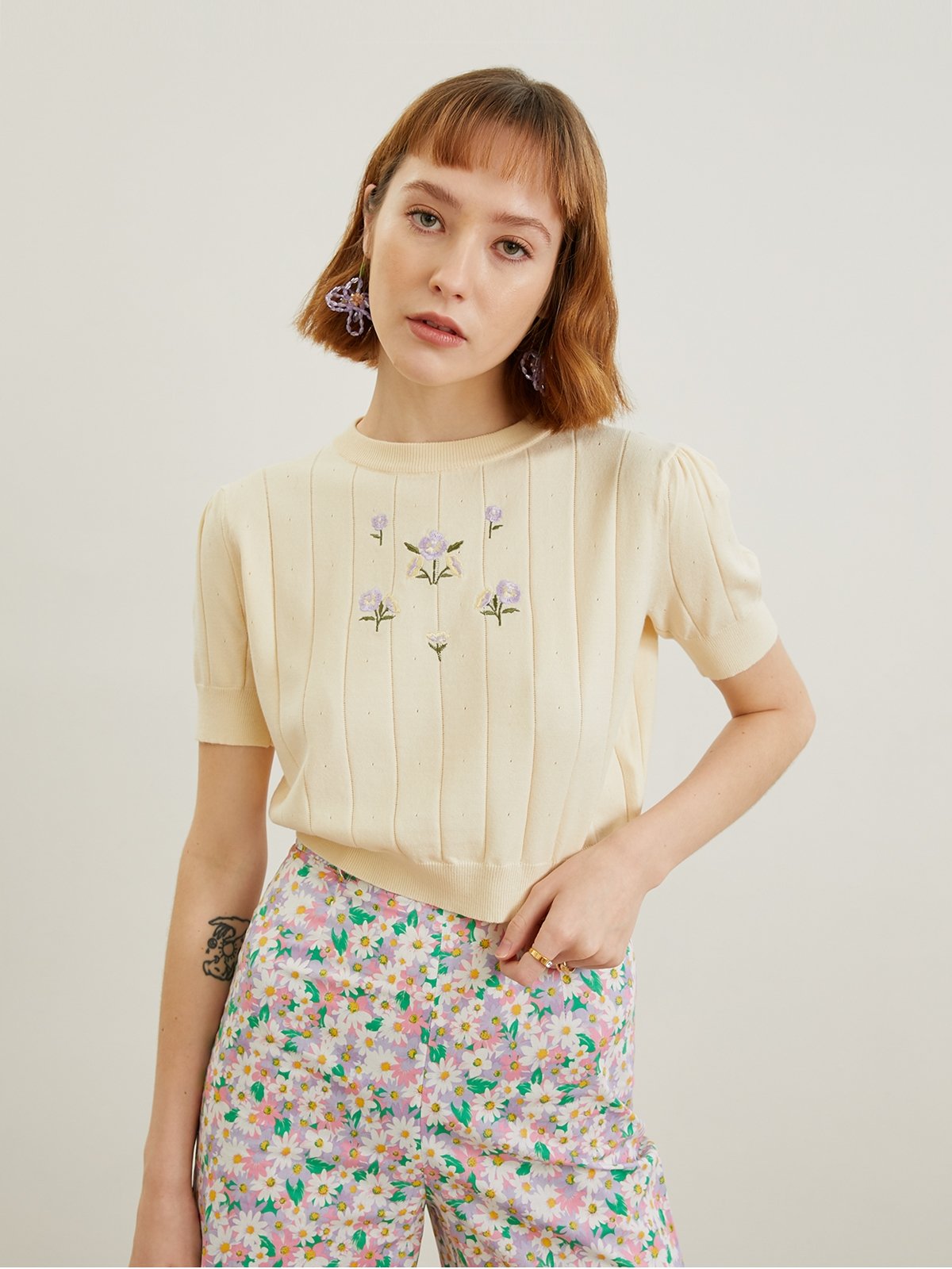 Flower Knit Top - Cream - Pomelo Fashion