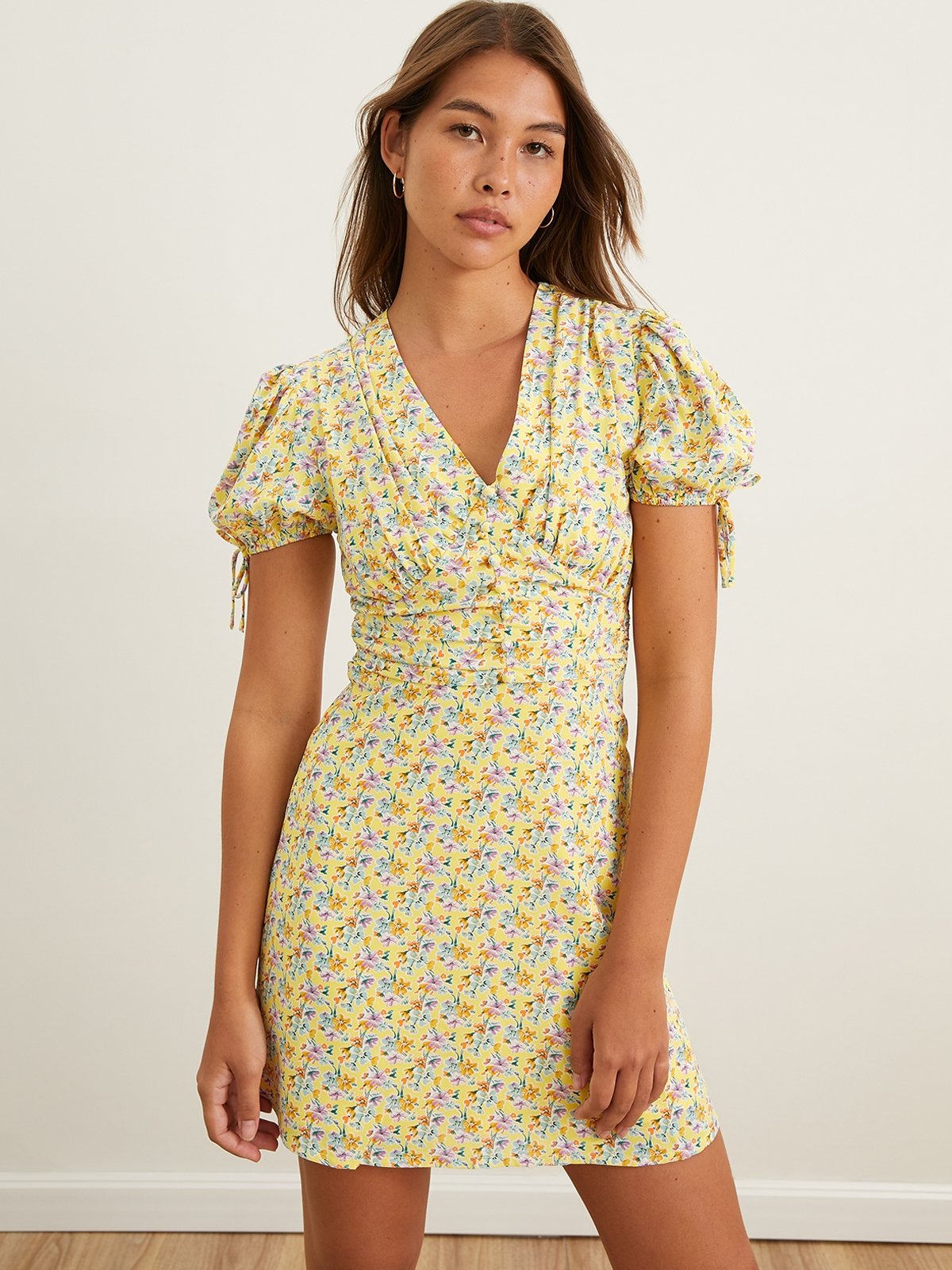 Floral V Neck Mini Dress Yellow Pomelo Fashion