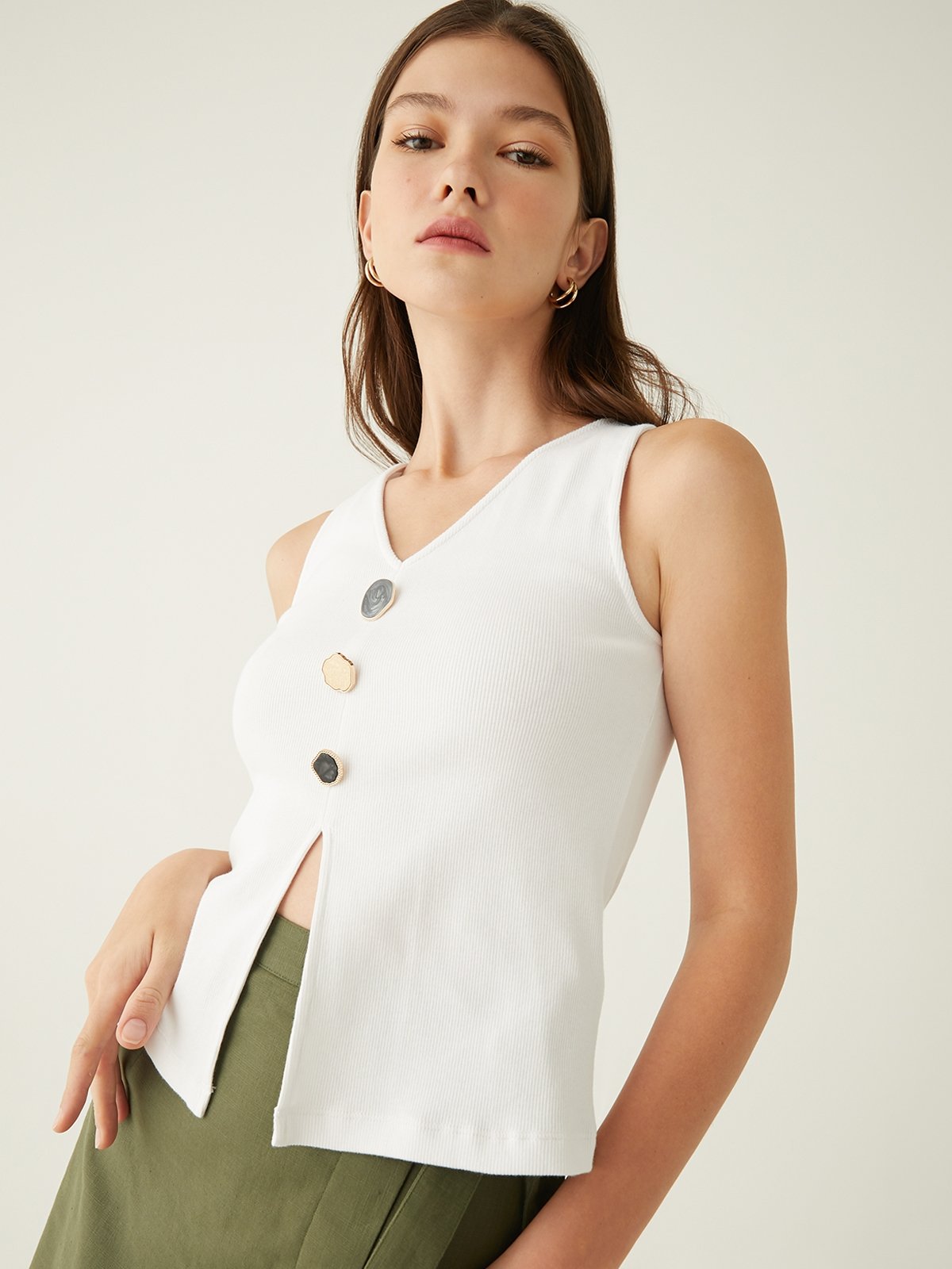 Sustainable Detailed Button Tank Top - White - Pomelo Fashion