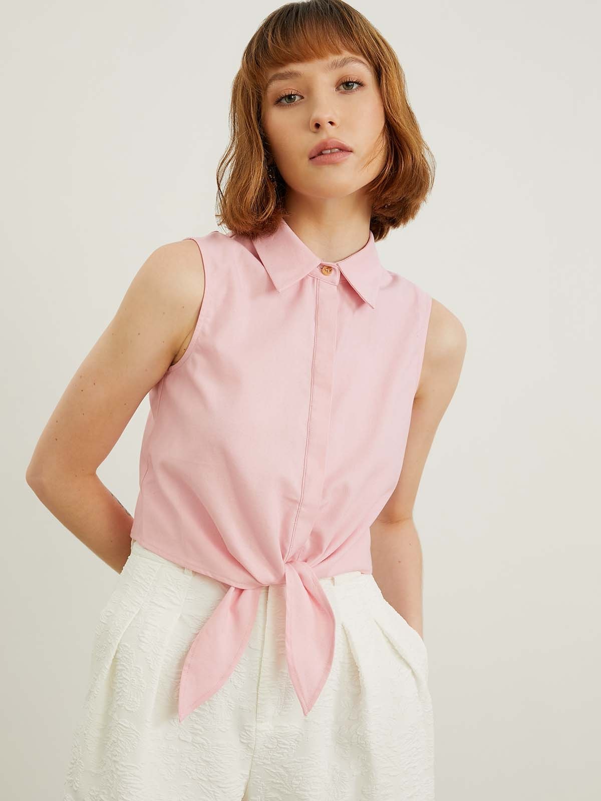 Sustainable Sleeveless Shirt - Pink - Pomelo Fashion