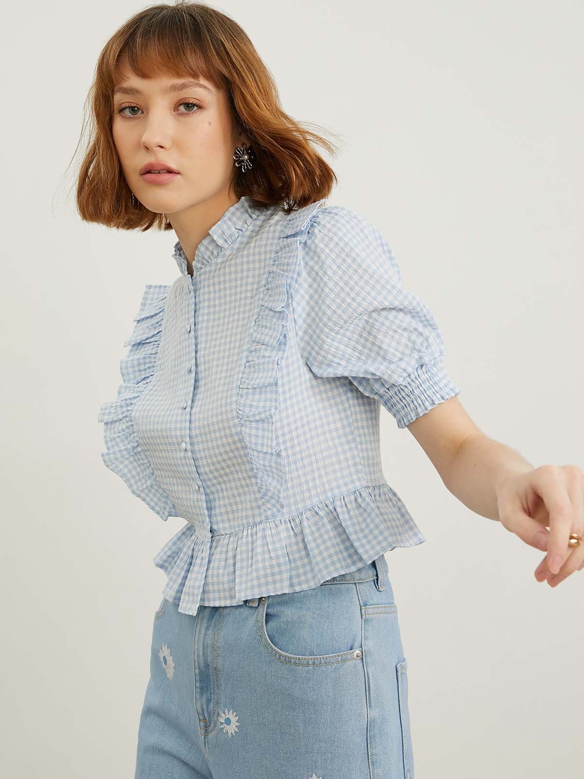 Button Up Ruffle Detail Blouse - Blue - Pomelo Fashion