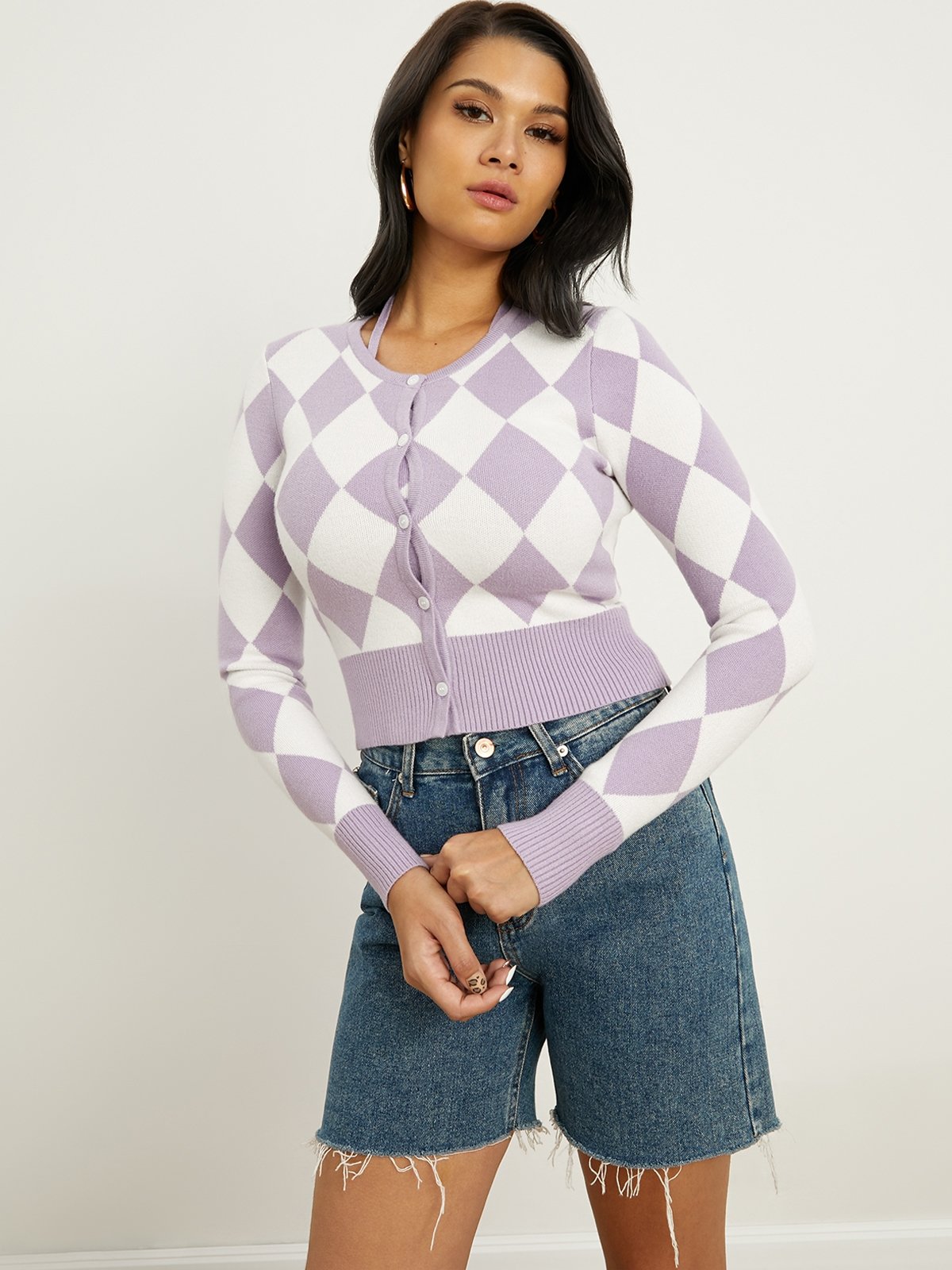 Argyle Pattern Cardigan - Purple - Pomelo Fashion