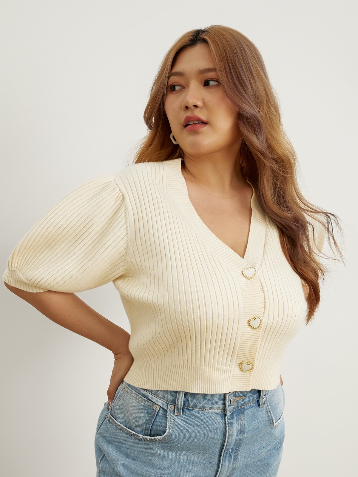 V Neck Puffed Sleeve Top - Cream - Pomelo Fashion