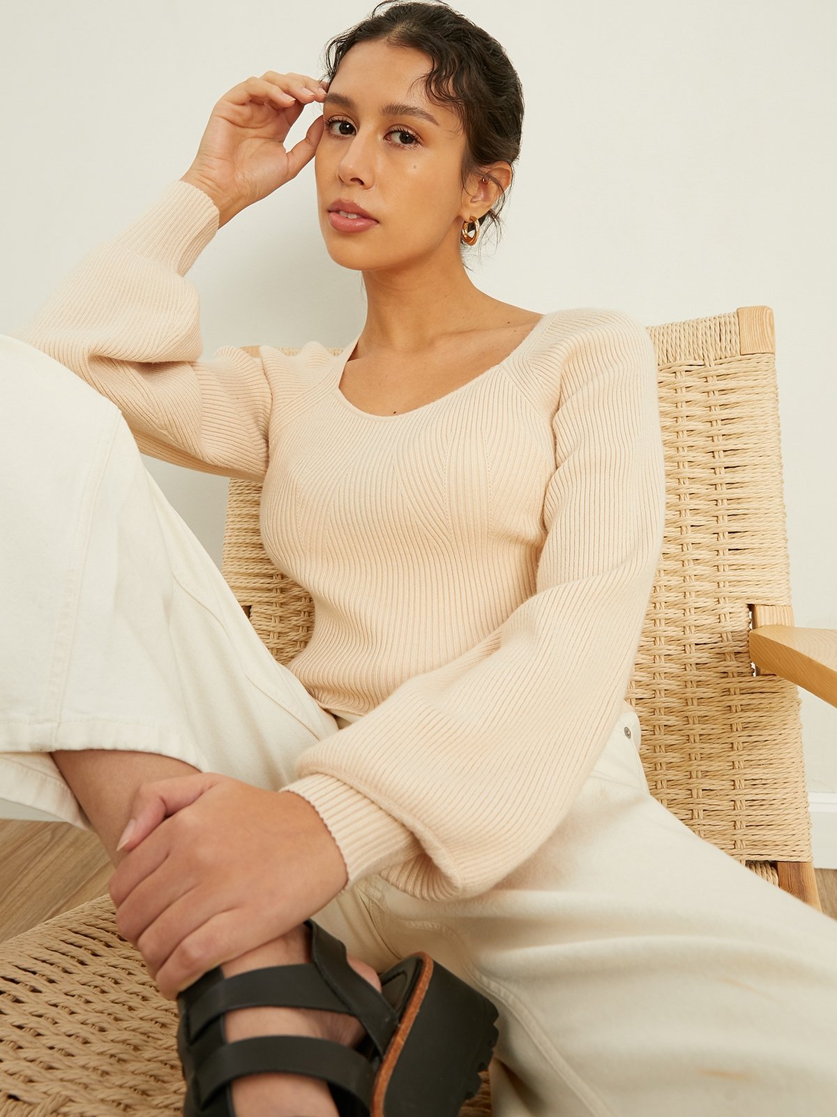 Long Puffed Sleeve Top - Beige - Pomelo Fashion