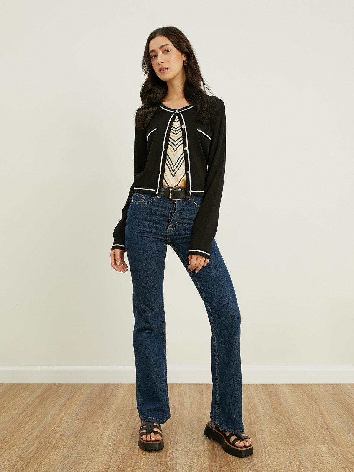 Cut Out Long Sleeve Cardigan - Black - Pomelo Fashion