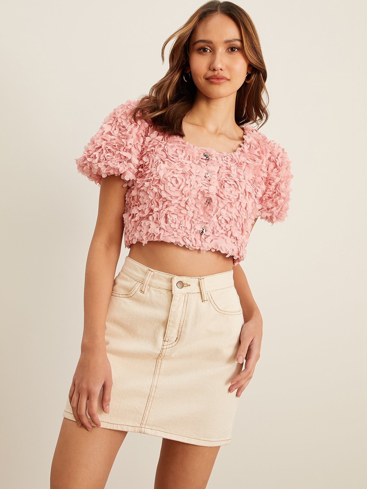 Floral Puffed Sleeve Top - Pink - Pomelo Fashion