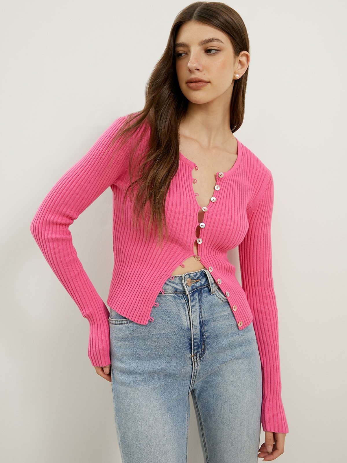 Long Sleeve Body Fit Top - Pink - Pomelo Fashion