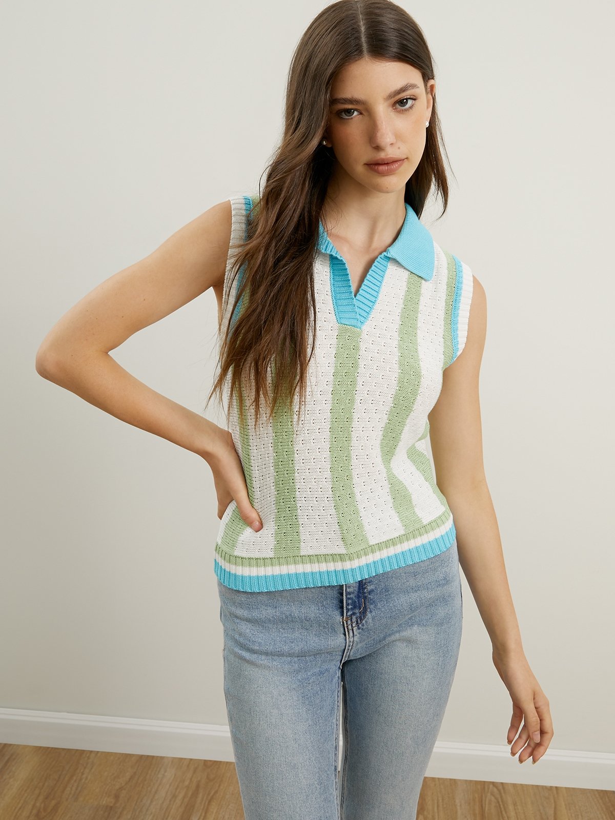Striped Collar Knit Top - Green - Pomelo Fashion