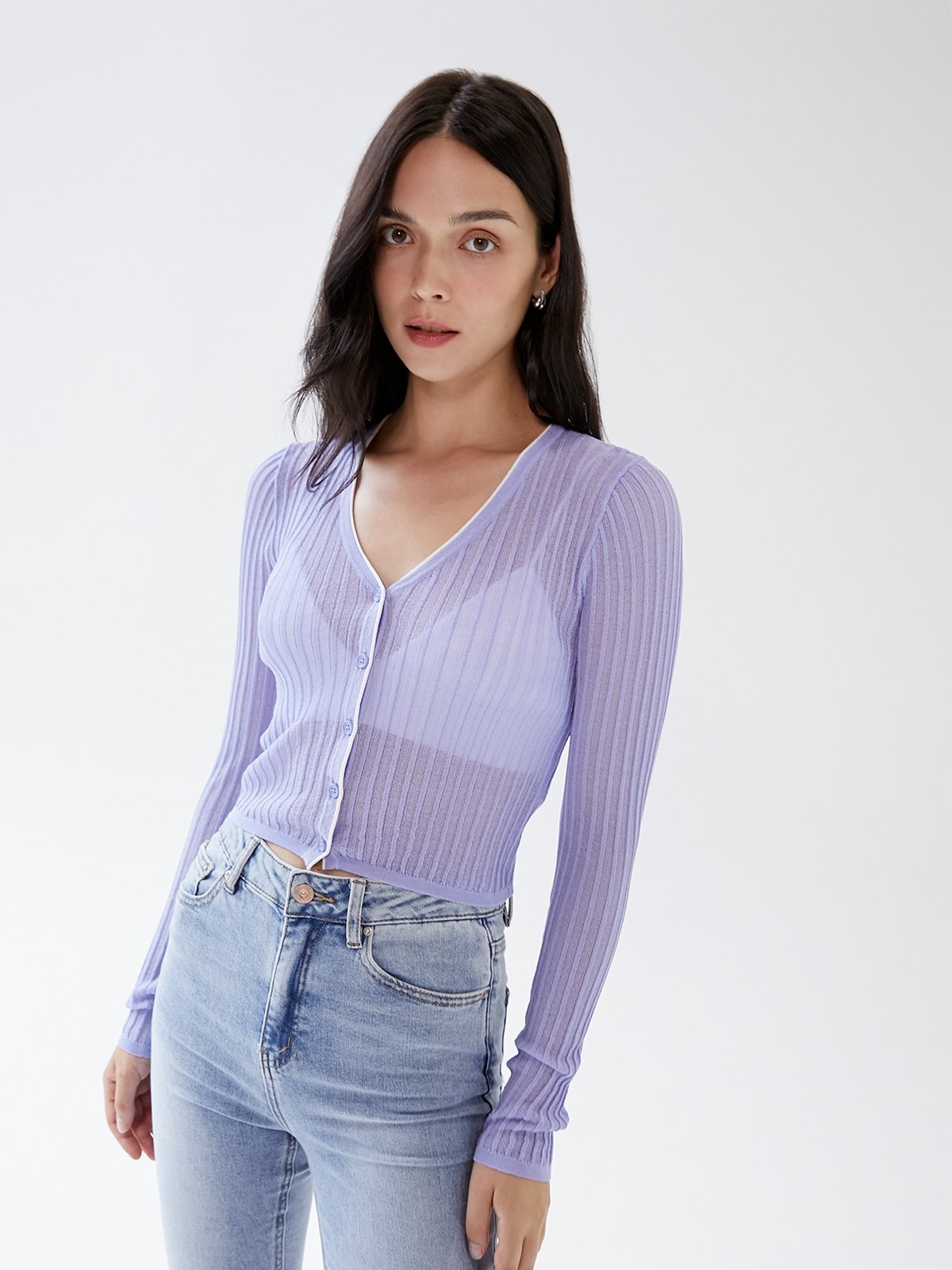 Ribbed Knit Cardigan Top - Purple - Pomelo Fashion