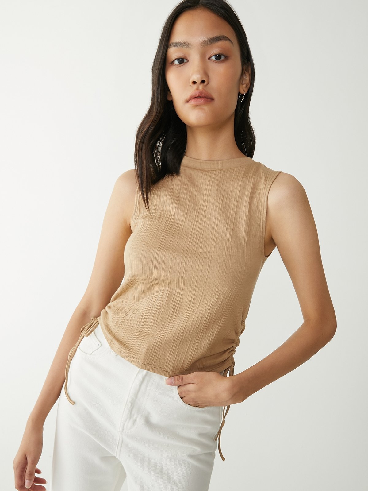 Sustainable Side Ruched Sleeveless Top - Beige - Pomelo Fashion