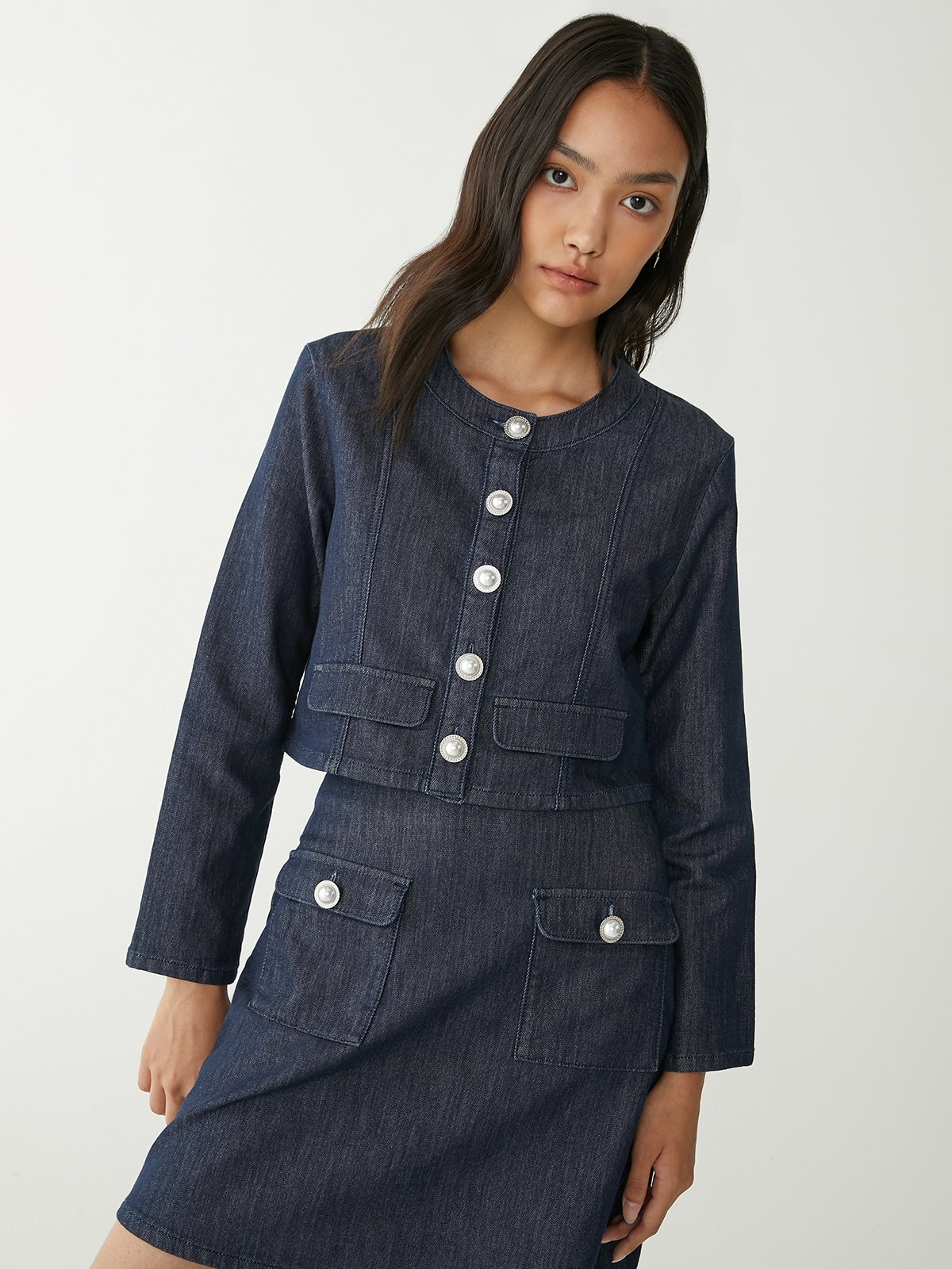 Button Down Denim Jacket - Dark Blue - Pomelo Fashion