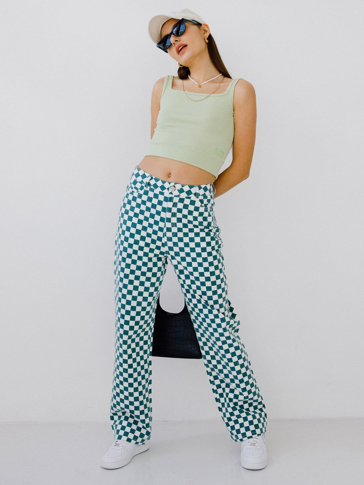 Bittercells X Loosefit Checkerboard Pants - Green - Pomelo Fashion