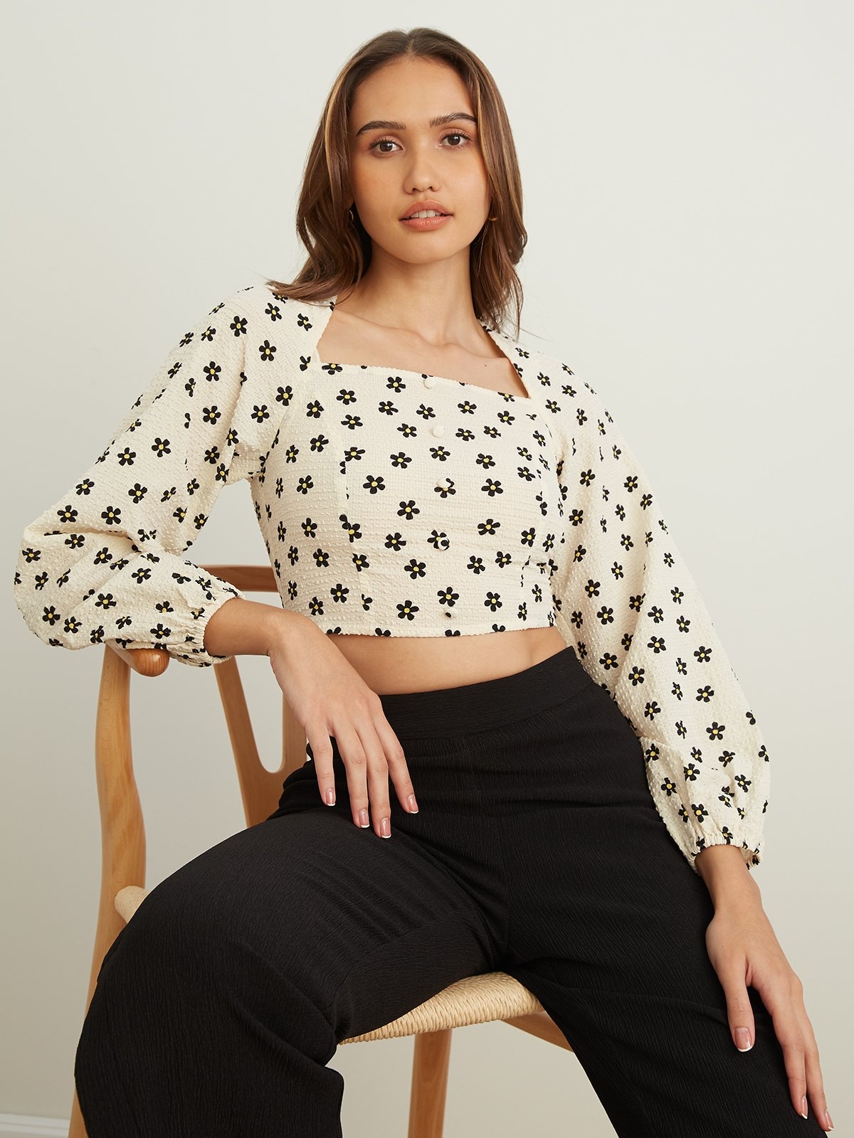 Layered Long Sleeve Crop Top - Beige - Pomelo Fashion