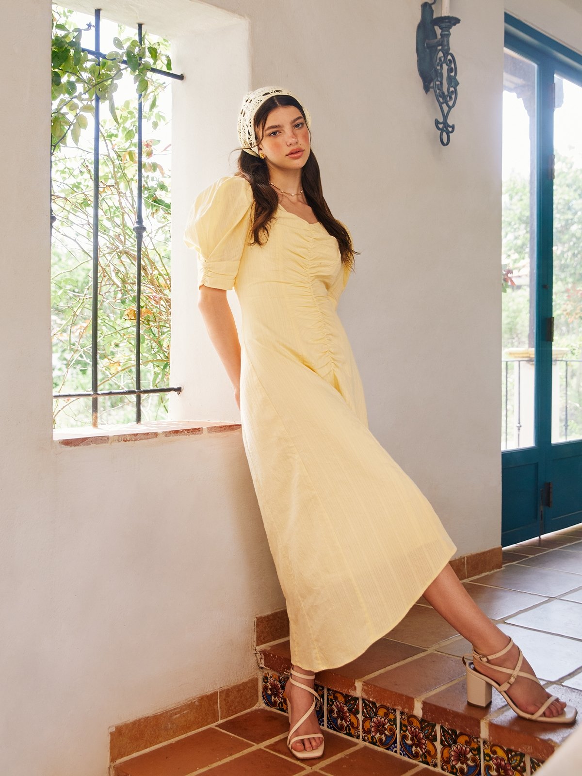 Puff Sleeve Ruched Midi Dress - Yellow - Pomelo Fashion