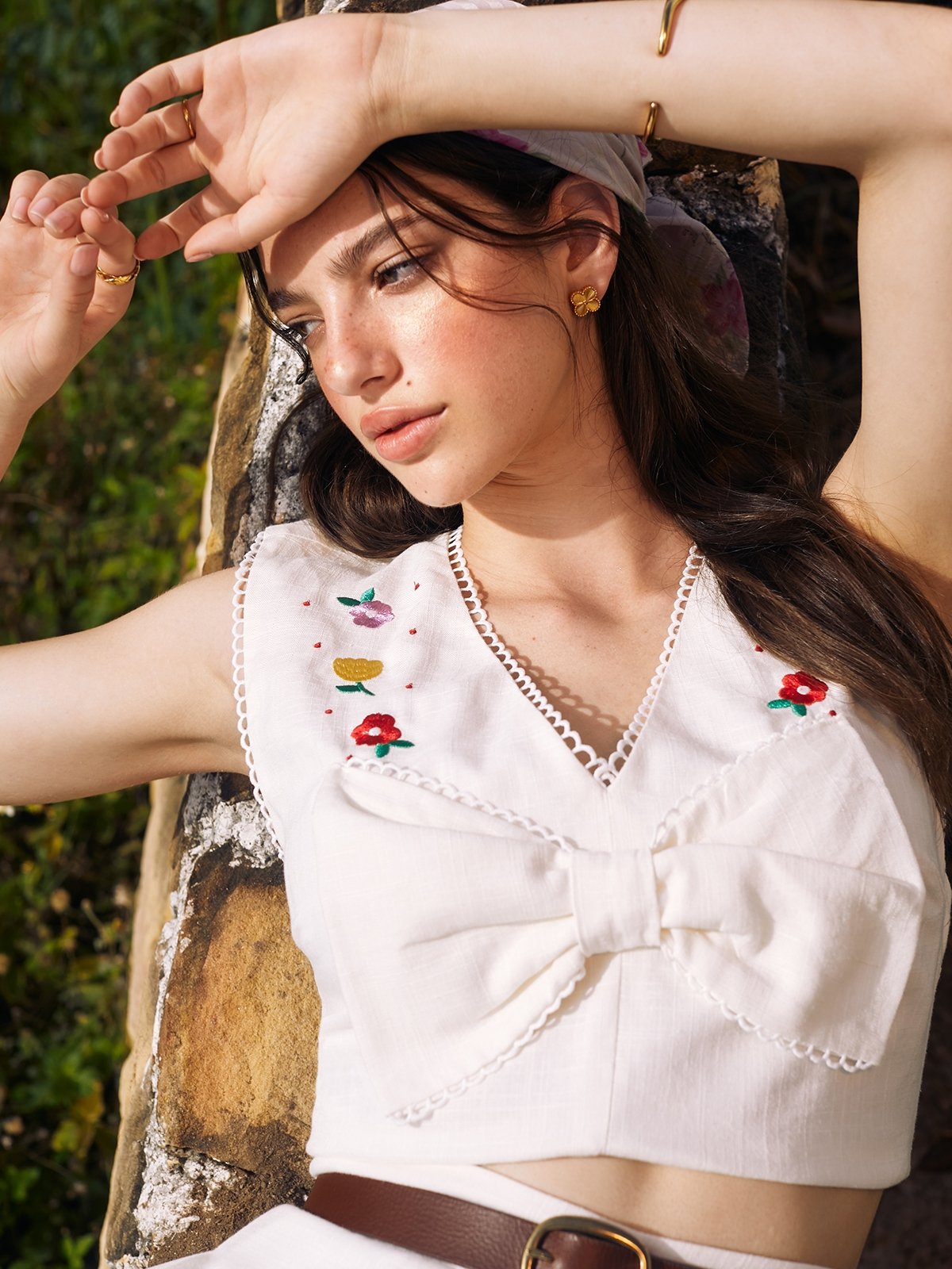 Bow Front Floral Cami Top - White - Pomelo Fashion