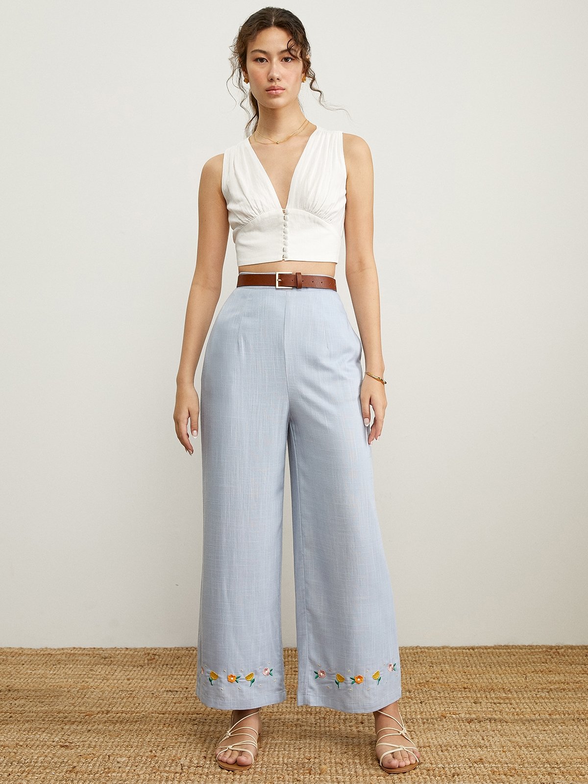 Floral Embroidery Wide Leg Pants - Light Blue - Pomelo Fashion