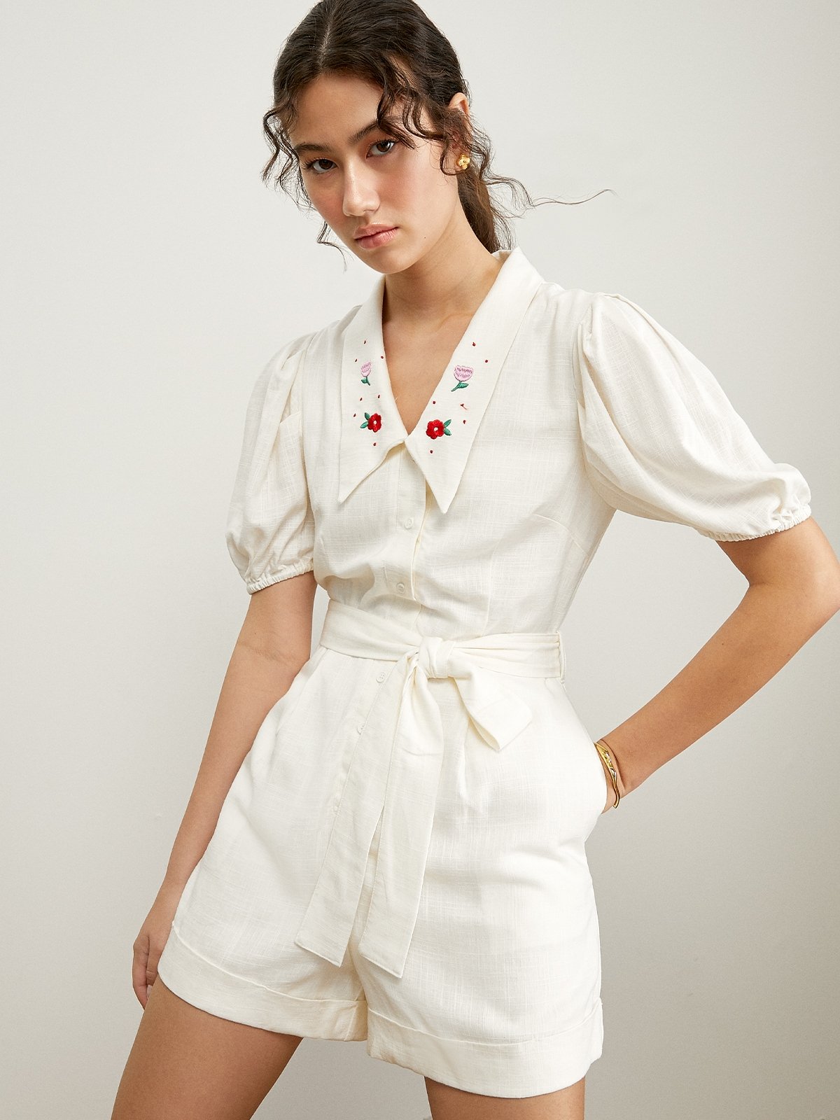 Puffed Sleeve Belt Romper - White - Pomelo Fashion