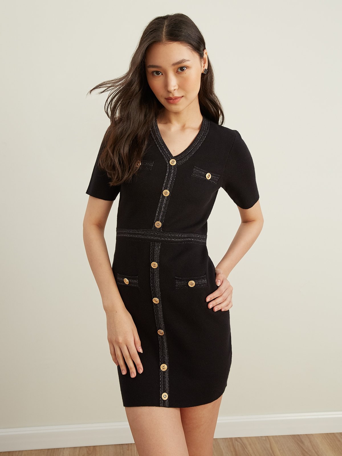 V-Neck Mini Dress - Black - Pomelo Fashion