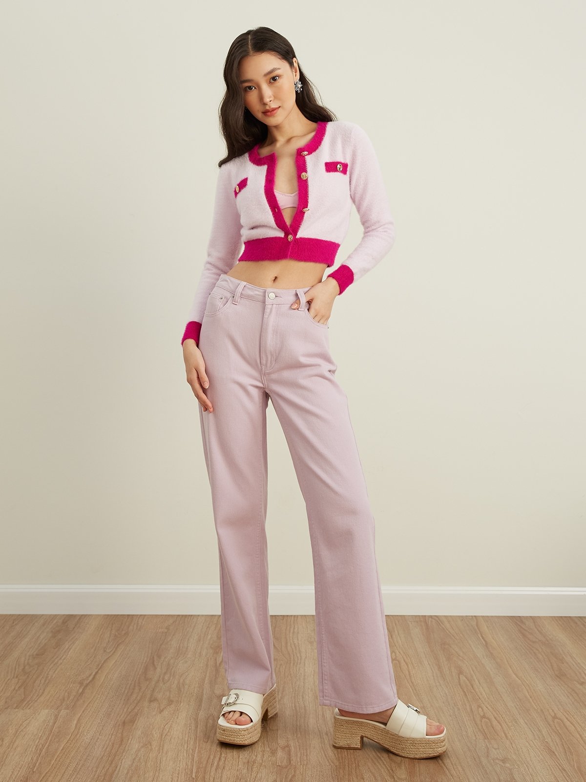 Knit Crop Cardigan - Pink - Pomelo Fashion