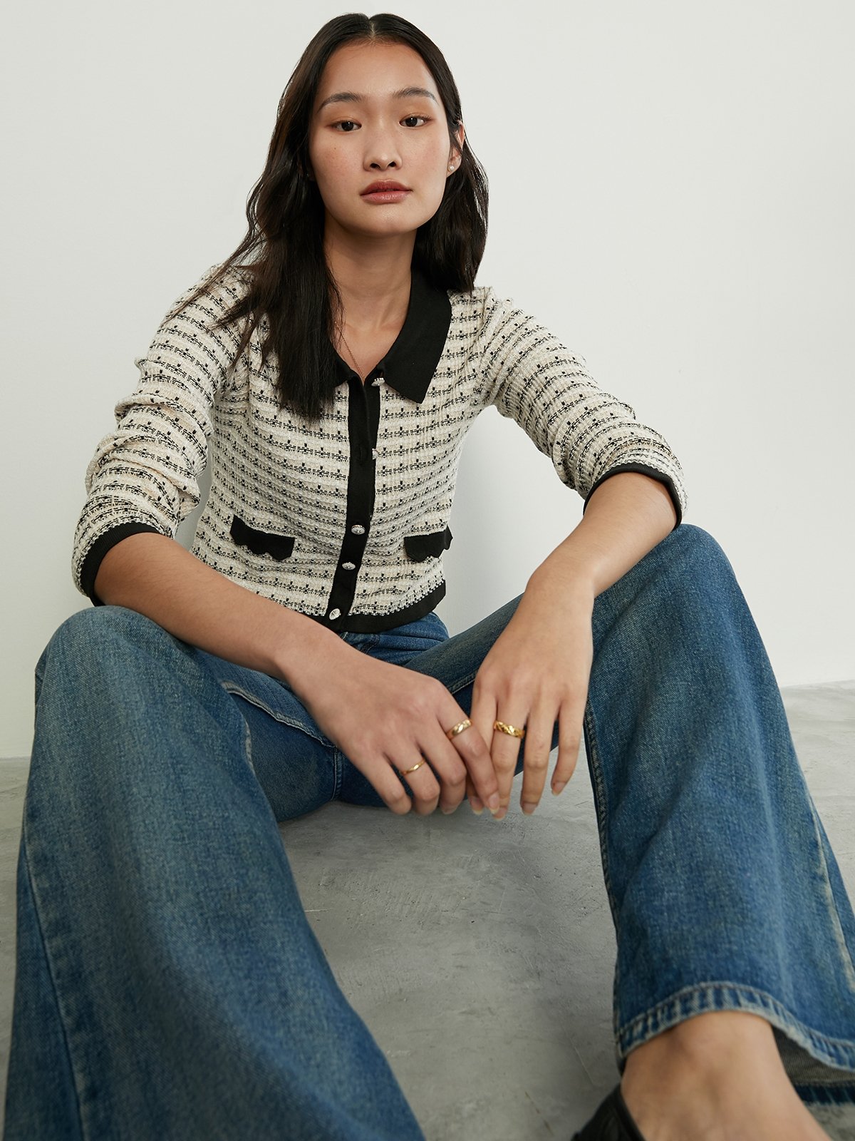 Sustainable Contrast Collar Tweed Cardigan - Beige - Pomelo Fashion