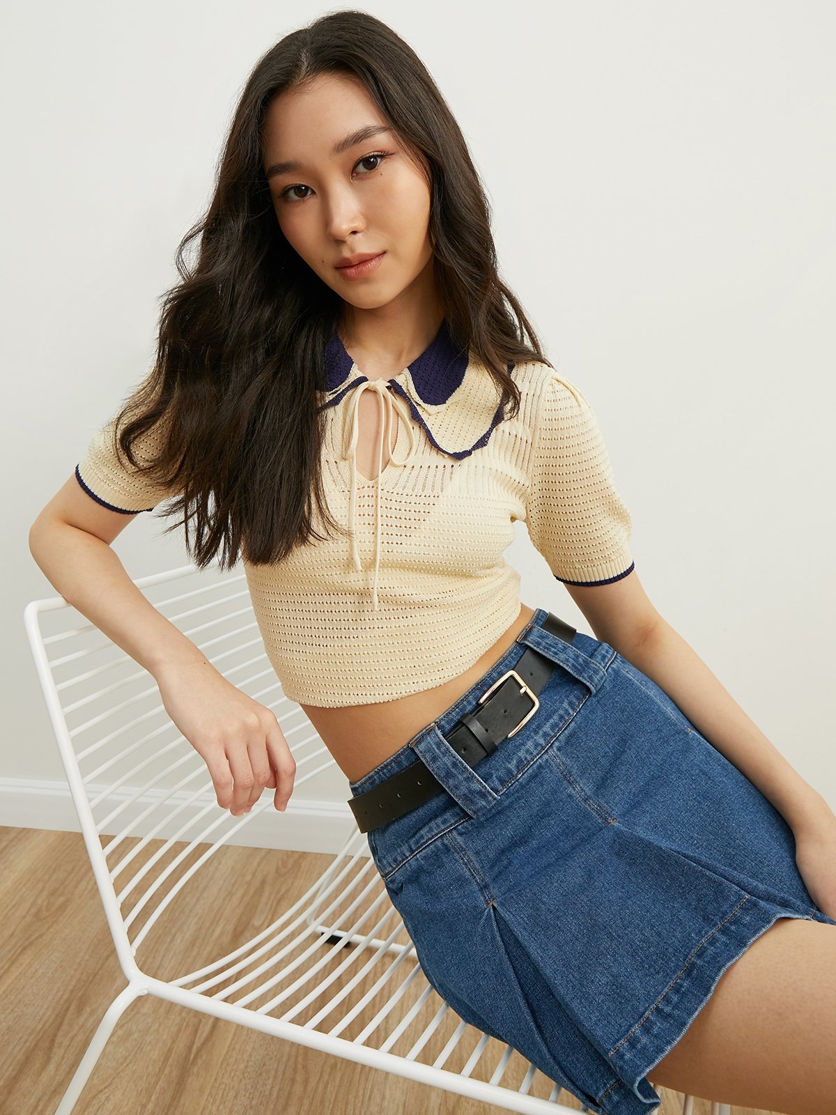Collared Knit Shirt - Beige - Pomelo Fashion
