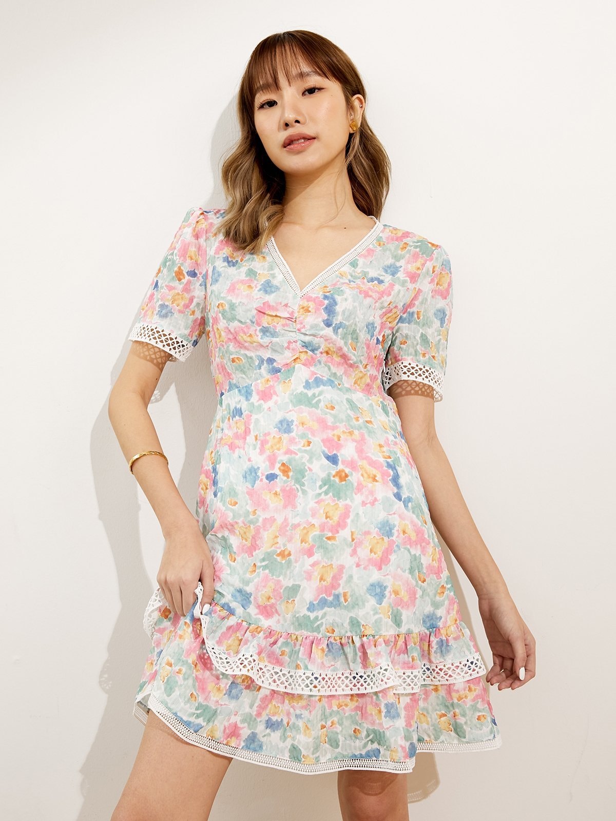 Lace Trim Floral Mini Dress - Pink - Pomelo Fashion