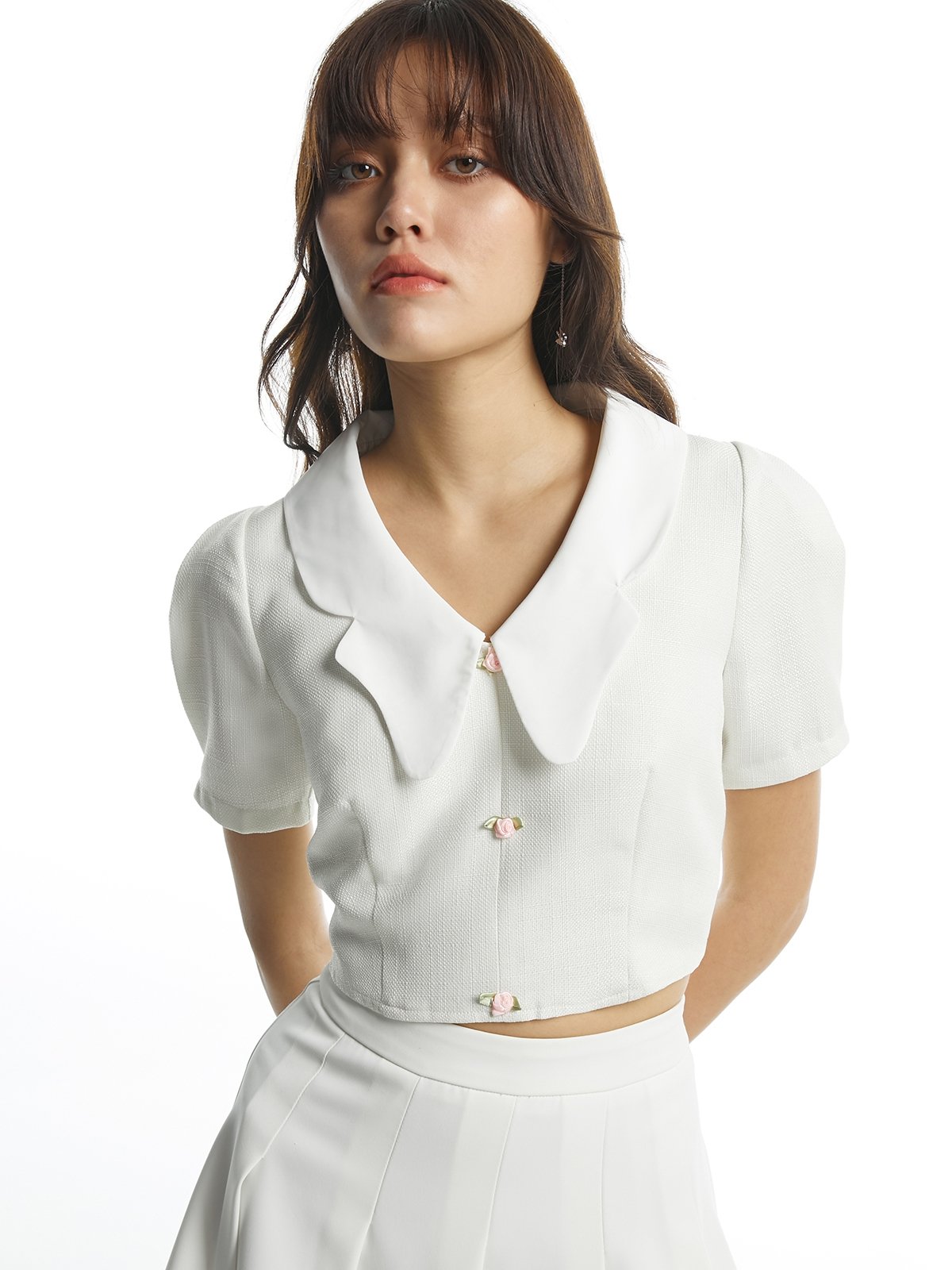 Button Puffed Sleeve Crop Top - Cream - Pomelo Fashion