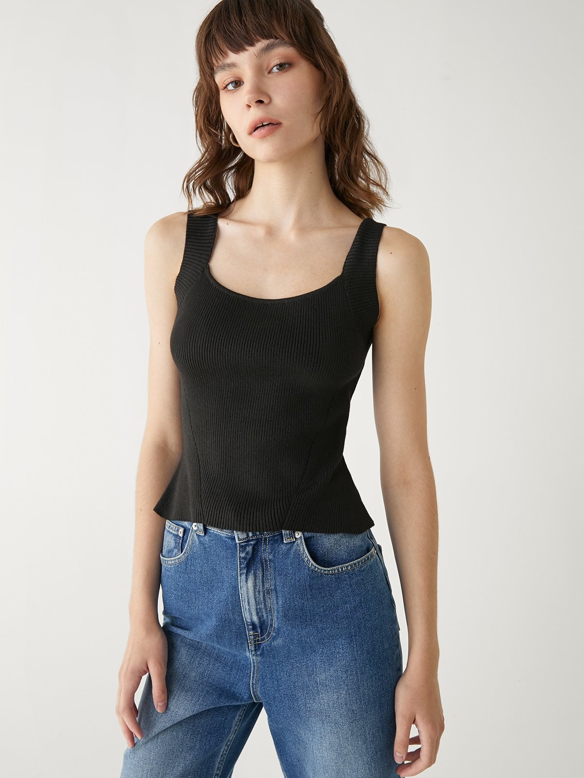 Flared Tank Top - Black - Pomelo Fashion
