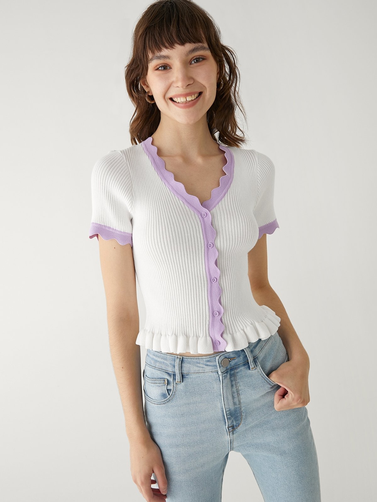 Two Tone Rib-Knit Ruffle Top - White - Pomelo Fashion