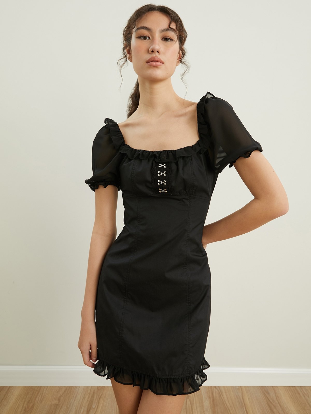 Subtle Ruffled Mini Dress - Black - Pomelo Fashion