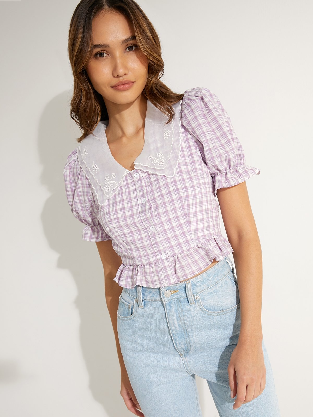 Checkered Wide Collar Puffed Sleeve Top - Purple - Pomelo Fashion